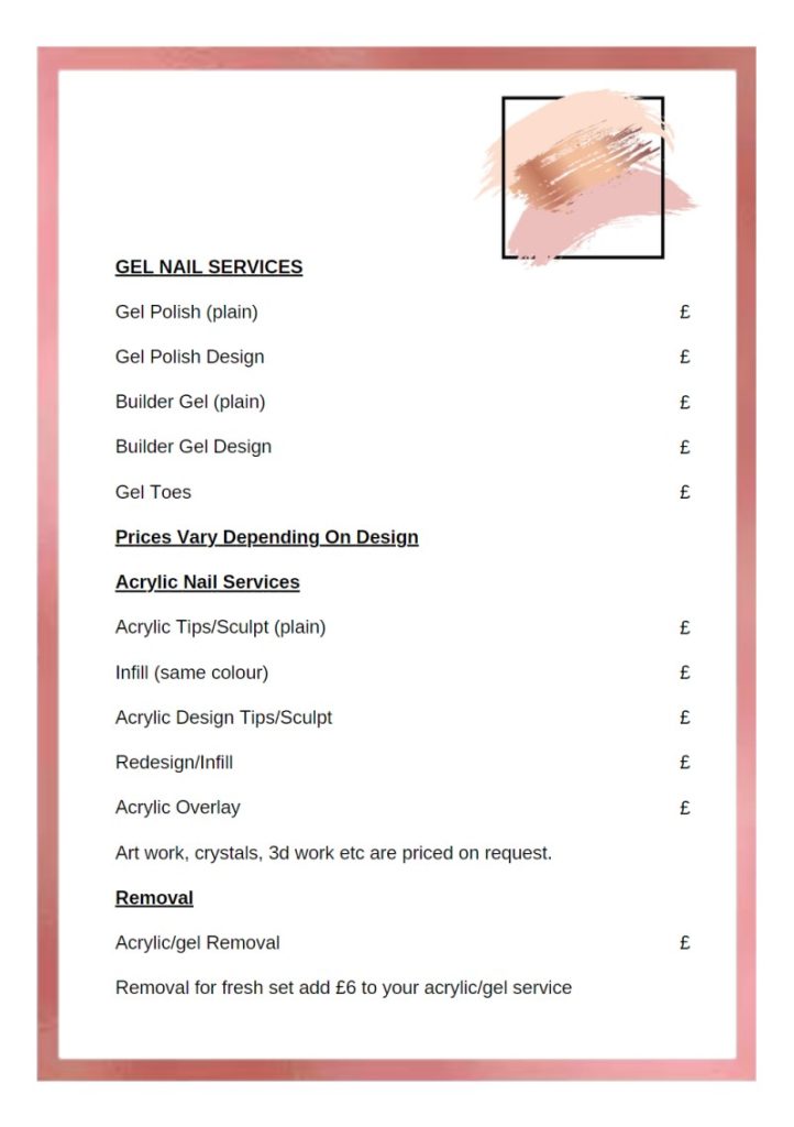 Personalised Nail Salon Price Lists Customised To Your Own Design ...