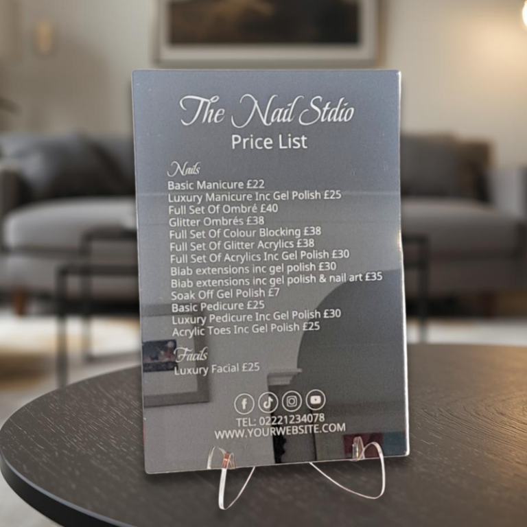 Personalised Nail Technician Price List Signs, Mirror Acrylic Nail ...